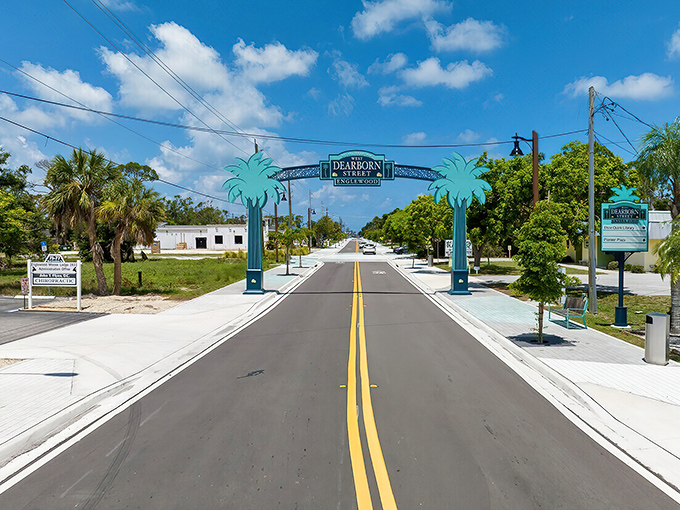 Welcome to Dearborn Street, Englewood's main drag. No neon, no high-rises, just a palm-lined welcome that practically whispers, "Slow down, you're on Florida time now."