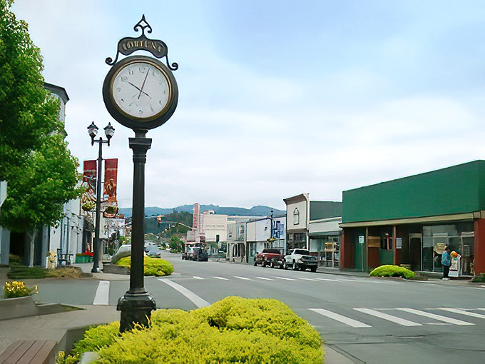 The iconic Fortuna town clock stands sentinel over downtown, marking time at a pace that never feels rushed.