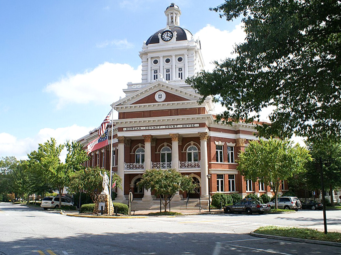 That brick tower has watched over Main Street since the 1800s, basically the town's OG security camera.