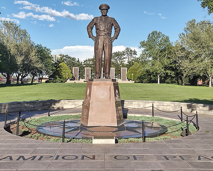 Standing tall in bronze, Eisenhower watches over his hometown. Ike might have commanded armies, but Abilene's peaceful pace would make even a five-star general relax.