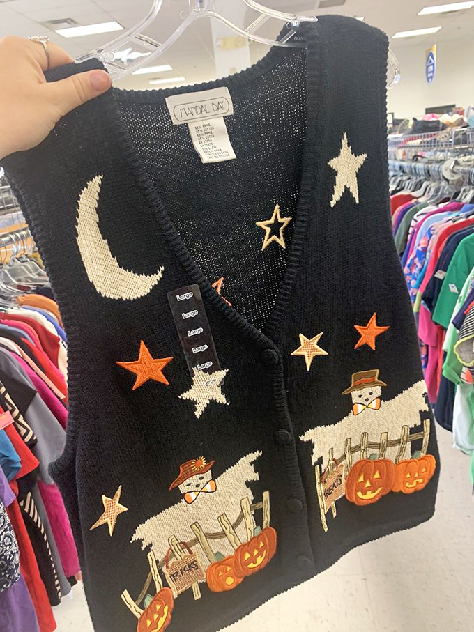 Halloween meets high fashion in this celestial scarecrow vest. Someone's "what was I thinking?" purchase becomes your conversation-starting statement piece.