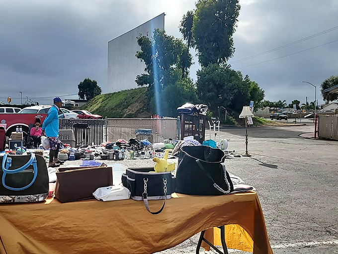 Where one person's clutter becomes another's collectible. The drive-in's massive screen watches over shoppers like a silent sentinel of commerce.