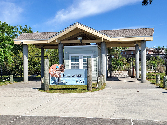 The gateway to aquatic adventure! Buccaneer Bay's entrance promises a day of splashing good times for water lovers of all ages.