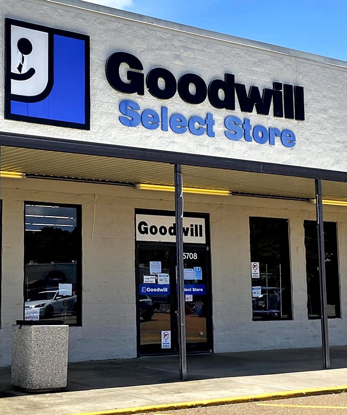 That iconic blue and white logo beckons like a lighthouse for the thrifty. Step inside and prepare for adventure!