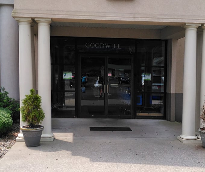 Columns frame the entrance like a temple to thriftiness. That first step inside always feels like crossing into a parallel shopping universe.