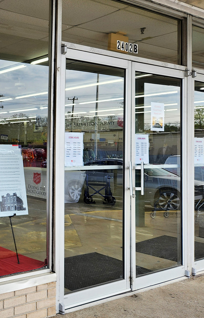 The gateway to adventure! These glass doors might as well be a portal to another dimension where yesterday's discards become tomorrow's treasures.