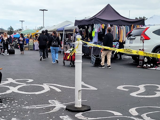 Clothing vendors create a textile rainbow. The racks burst with potential new wardrobes, where fashion archaeology reveals gems from every decade.