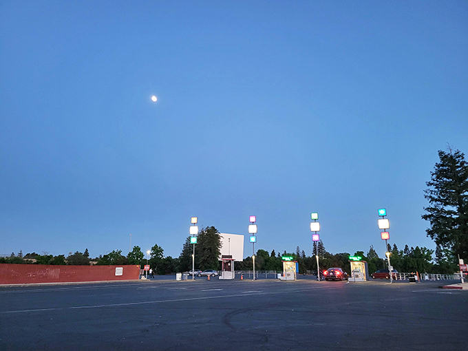 Twilight's blue canvas and a rising moon set the stage for movie night, while colorful light poles stand like sentinels guiding visitors to their entertainment destination.