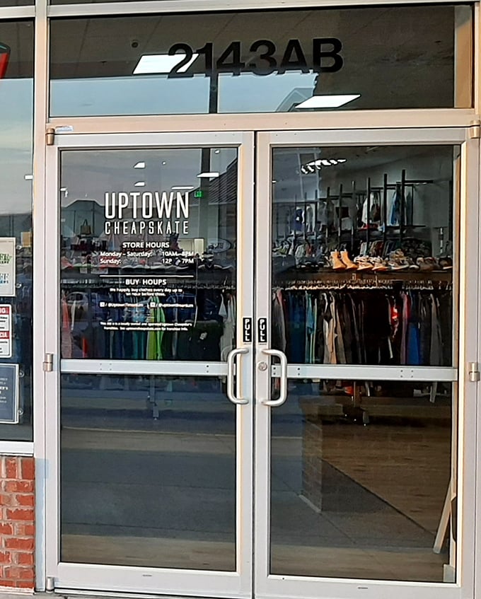 First impressions matter, and this entrance promises treasure without the typical thrift store treasure hunt. Clean lines, clear hours&mdash;shopping clarity awaits.