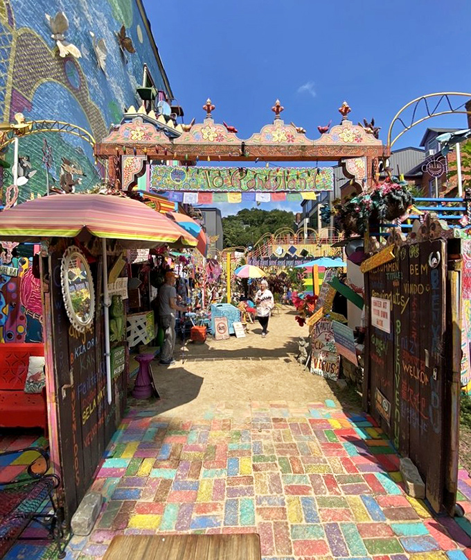 Step inside and the courtyard reveals itself as a kaleidoscopic wonderland that makes Willy Wonka's factory seem understated by comparison.