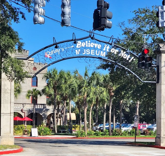The gateway to weirdness. This whimsical entrance arch invites visitors to leave their expectations at the curb and prepare for a journey into the delightfully strange.