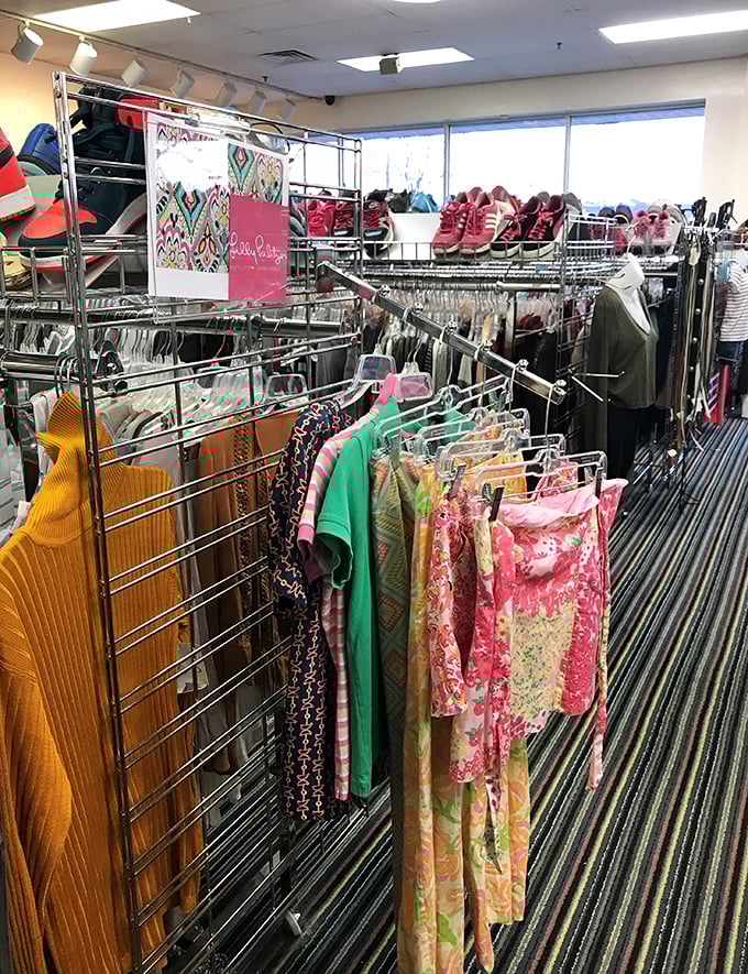 Metal racks overflow with colorful possibilities, where yesterday's impulse buys become today's perfect finds.