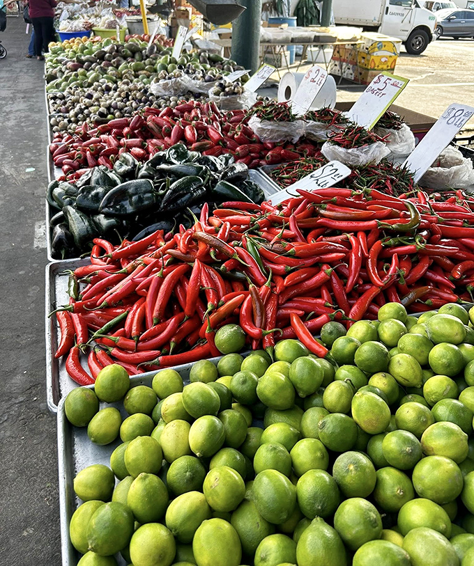 Nature's color palette on full display. These chilis and limes aren't just fresh&mdash;they're plotting their delicious takeover of your kitchen.