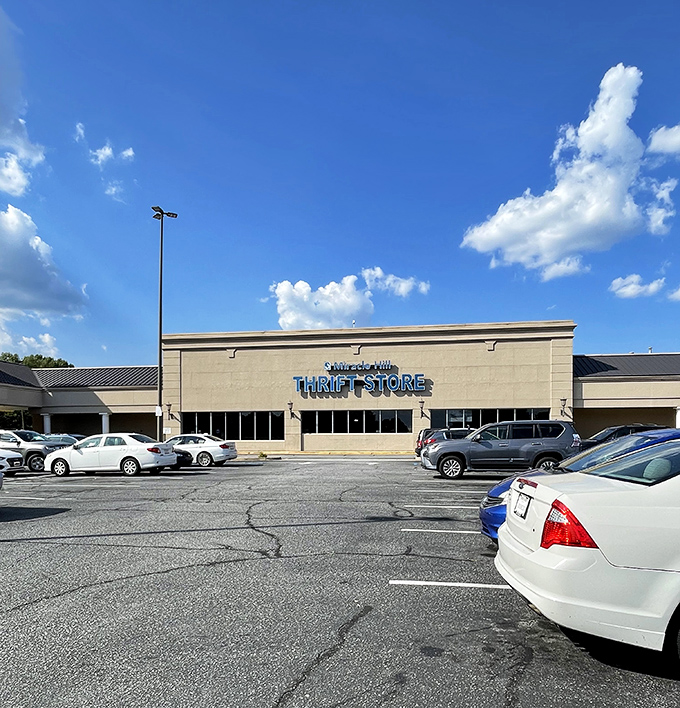 Under perfect Carolina blue skies, this thrifting mecca awaits with a parking lot full of cars—each representing someone's treasure hunt in progress.
