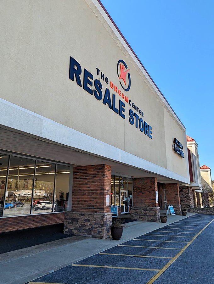 A closer look at the storefront reveals the Dream Center's welcoming facade &ndash; like the pearly gates for bargain seekers in Greenville.