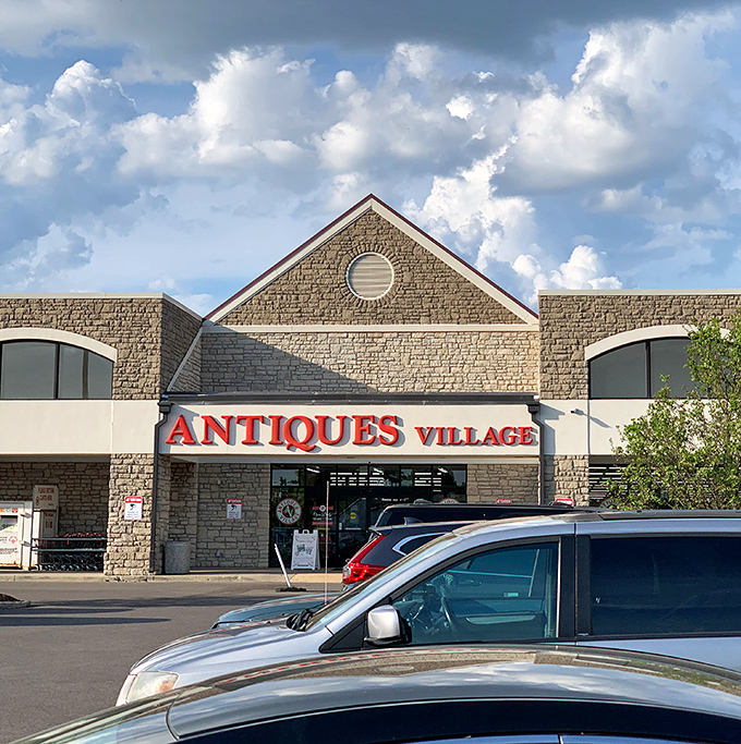 Blue skies frame this temple of yesteryear, where modern shoppers come to reconnect with America's material past.