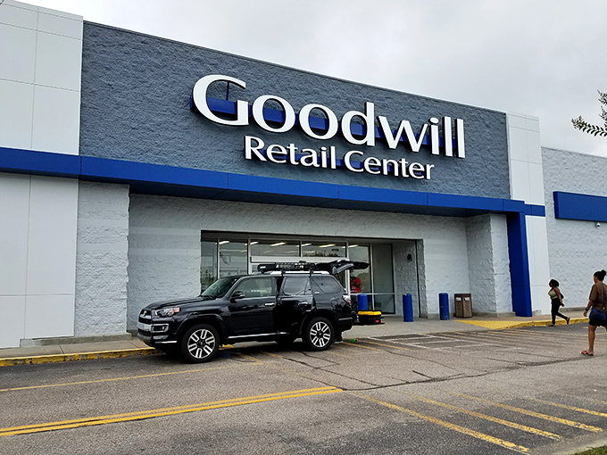 From this angle, the Goodwill Retail Center looks less like a thrift store and more like the headquarters of a secret society dedicated to fashion recycling.
