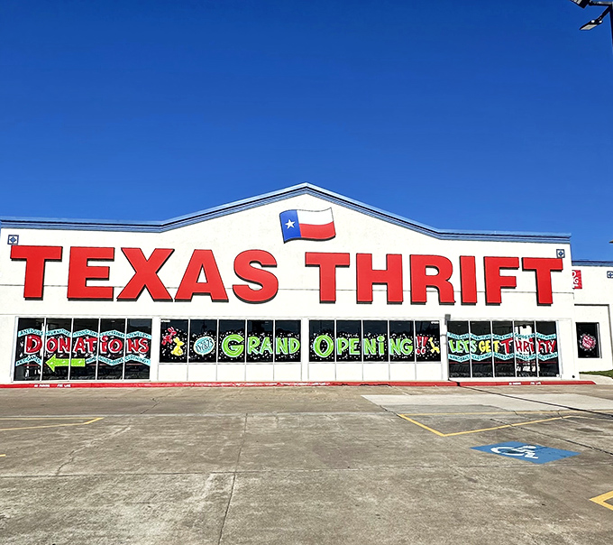 Under clear blue Texas skies, the "GRAND OPENING" banner promises new adventures in secondhand shopping for Houston's thrift enthusiasts.