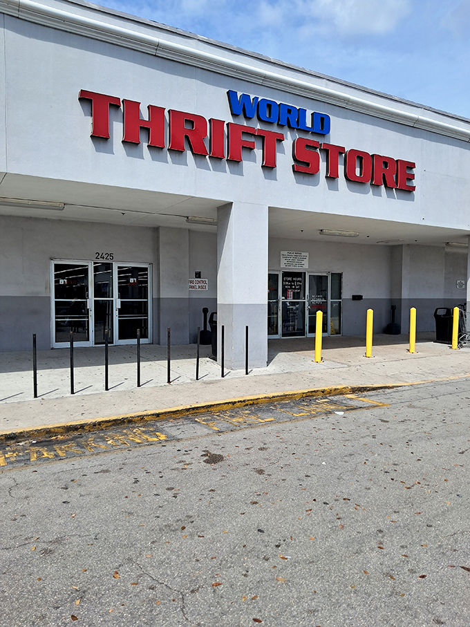 Those bold red and blue letters might as well say "Abandon budget, all ye who enter here." The thrift gods beckon from behind those glass doors.