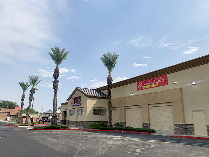 Palm trees stand guard outside this temple of thrift, a desert oasis where budget-conscious Nevadans find relief from retail sticker shock.