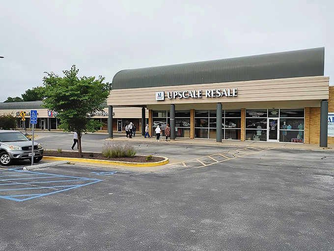 Blue skies or gray, this thrift store beacon draws shoppers like moths to a flame. The storefront promises organized adventures within. 