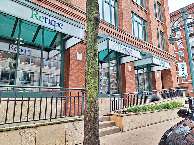 Retique's distinctive green-trimmed windows and signage stand out against the classic Milwaukee brick, like a beacon for bargain-loving fashionistas. 