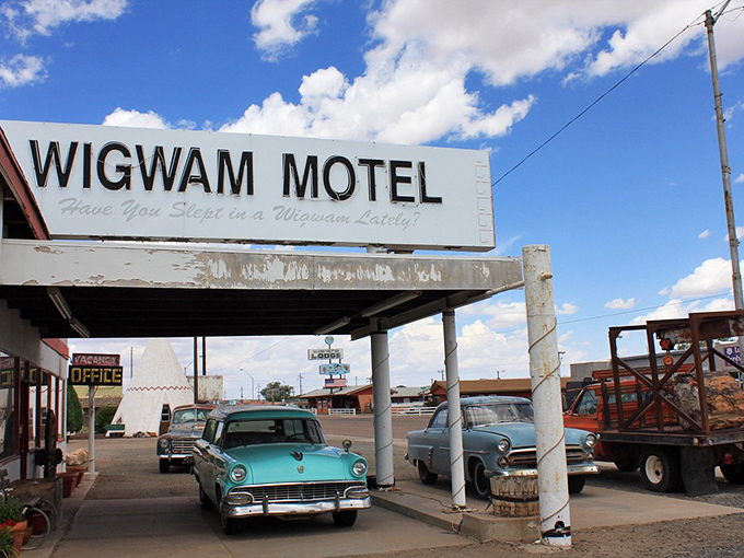 Have You Slept in a Wigwam Lately? The vintage sign poses life's most pressing question as classic cars await their close-up.