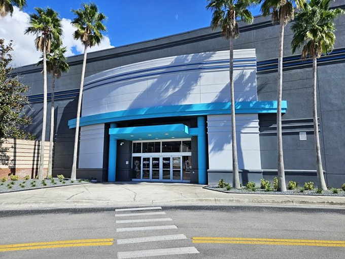 Palm trees stand sentinel outside Elev8 Fun's sleek exterior, a modern entertainment oasis promising air-conditioned adventure in the Florida heat.