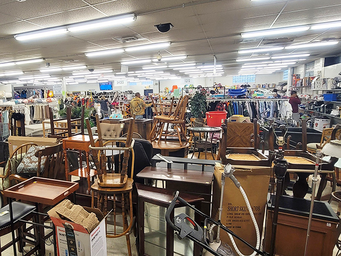 Furniture heaven awaits the patient hunter. That mid-century side table might have witnessed the first moon landing before landing here.