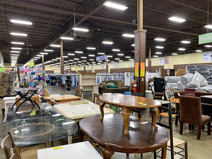 Furniture heaven awaits! Tables of every shape and era huddle together like old friends at a reunion, each with stories to tell.