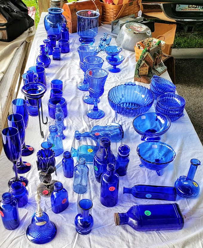 Cobalt blue treasures catch the sunlight, transforming ordinary glassware into jewel-like collectibles that would make any vintage enthusiast weak at the knees.