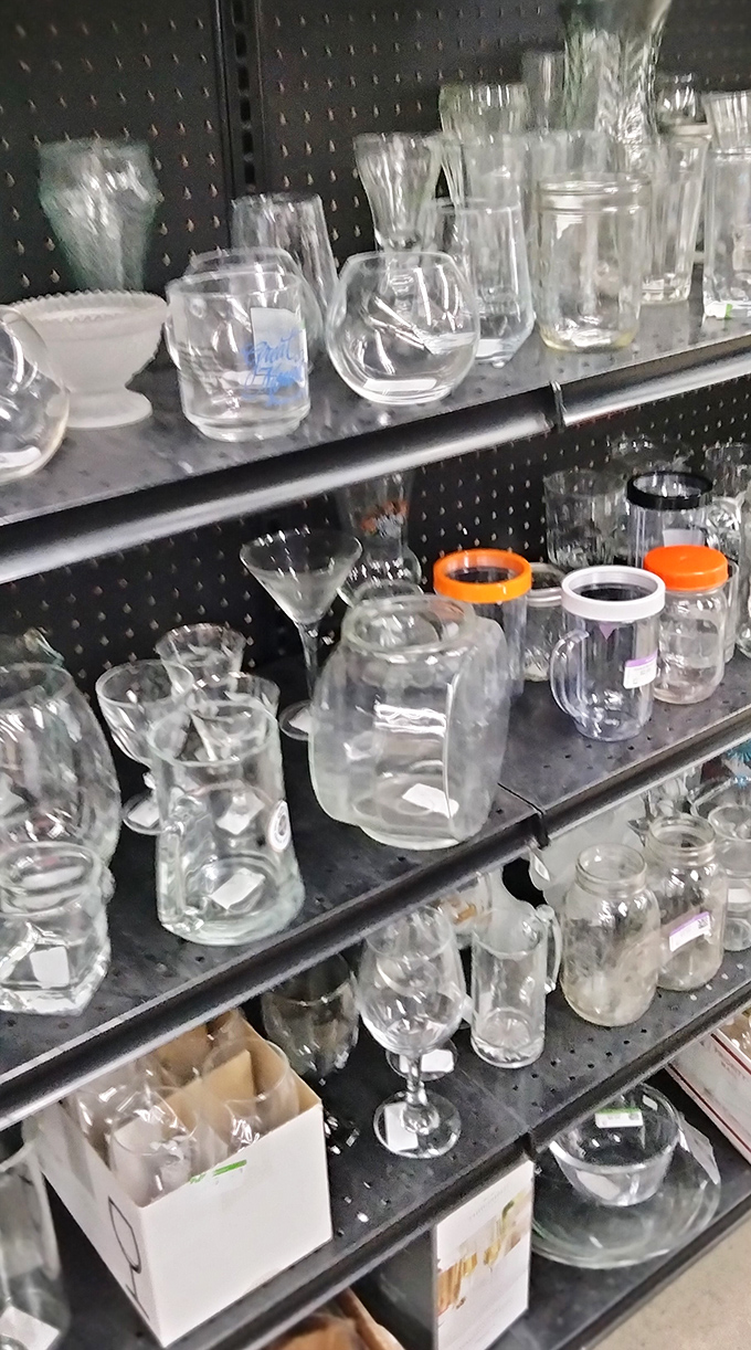 Crystal, glass, and vintage vessels galore! This glassware section is where Manhattan cocktail dreams meet bargain-hunting reality.