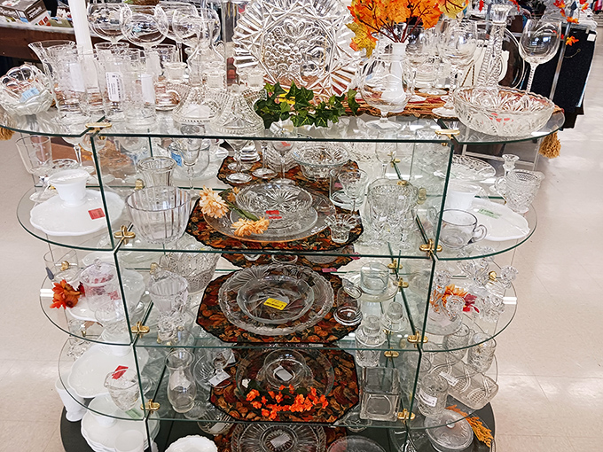 Crystal and glassware that would make your grandmother swoon. Each shelf tells stories of elegant dinner parties from decades past.