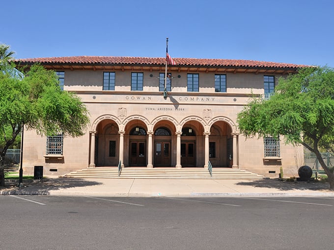 The historic Gowan Company building showcases Yuma's Spanish Colonial architectural heritage with its elegant arches and terra cotta roof. A postcard-perfect slice of Arizona history.