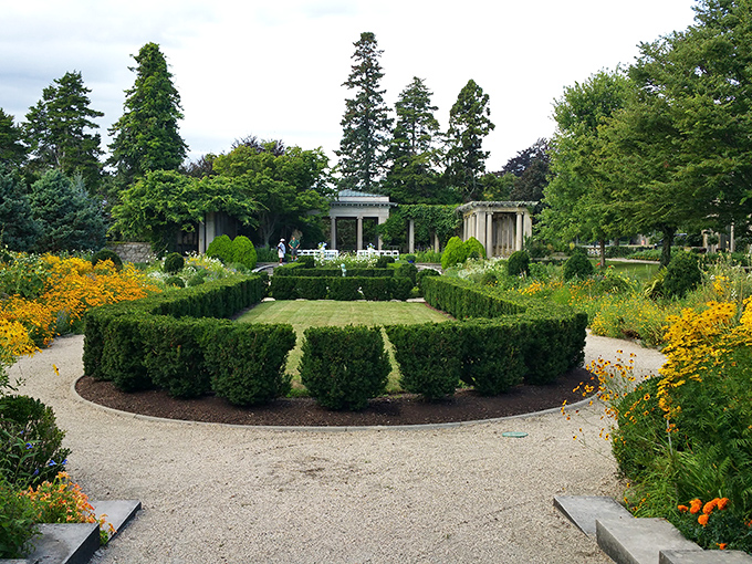 Harkness Memorial's formal gardens offer a touch of European elegance with meticulously manicured hedges framing vibrant seasonal blooms.