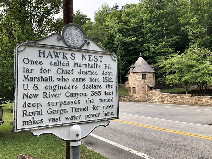 History carved in stone: This marker reveals Hawks Nest's former identity as Marshall's Pillar, named for Chief Justice John Marshall who visited in 1812.