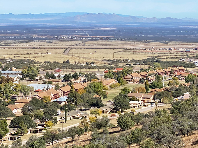 The vast San Pedro Valley unfolds like nature's IMAX screen, with the Huachuca Mountains providing a majestic backdrop to Sierra Vista's residential charm.