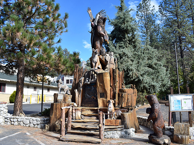 Not just any town monument—this wooden masterpiece tells stories in sculpture. Like a Game of Thrones intro sequence, but with more squirrels and fewer dragons.