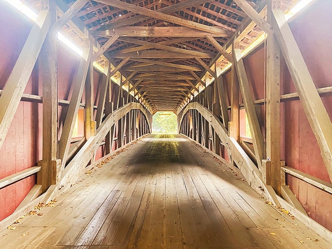 Autumn transforms Mercer's Mill into a calendar-worthy scene, with fall foliage framing the bridge like nature's own picture frame.