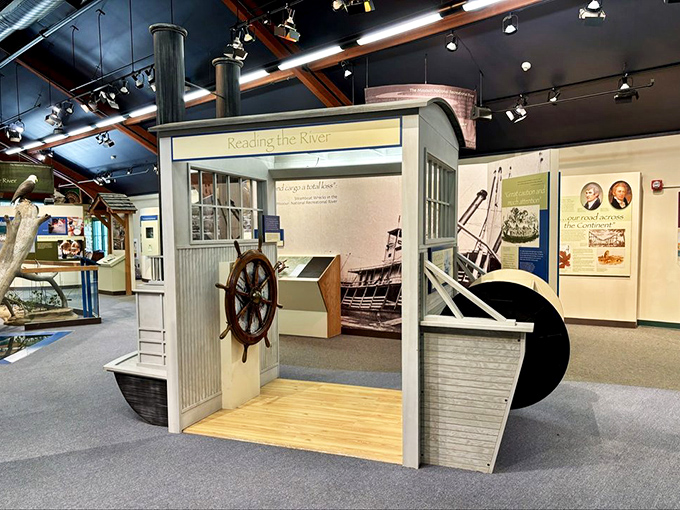 All aboard the knowledge express! The interactive Missouri River exhibit lets you steer through history without the worry of actually capsizing.