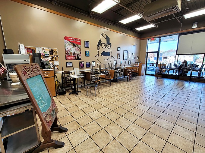 Inside Pudge's, the cartoon mascot watches over diners like a mustachioed guardian angel of good eating.