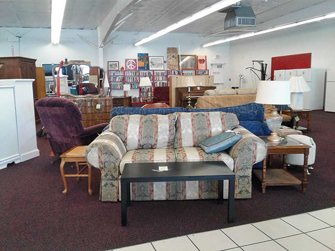 Living room treasures arranged like a cozy showroom. That striped sofa has stories to tell&mdash;and at thrift store prices, you can afford to listen.