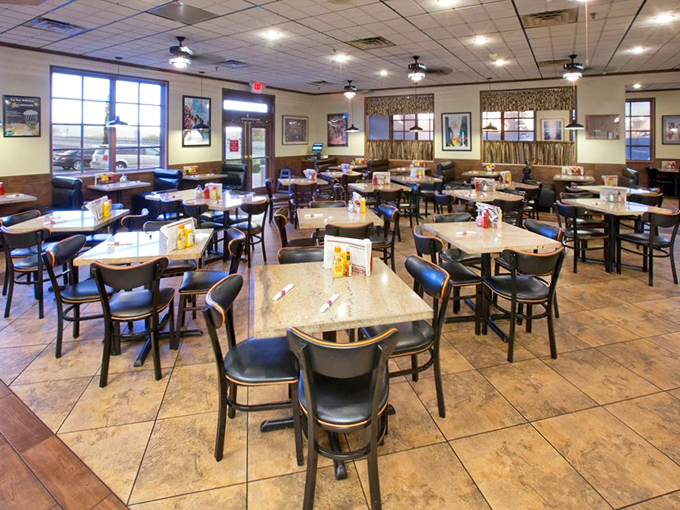 Inside, the spacious dining room offers a welcoming retreat from the Vegas chaos, with comfortable seating that invites you to stay awhile.