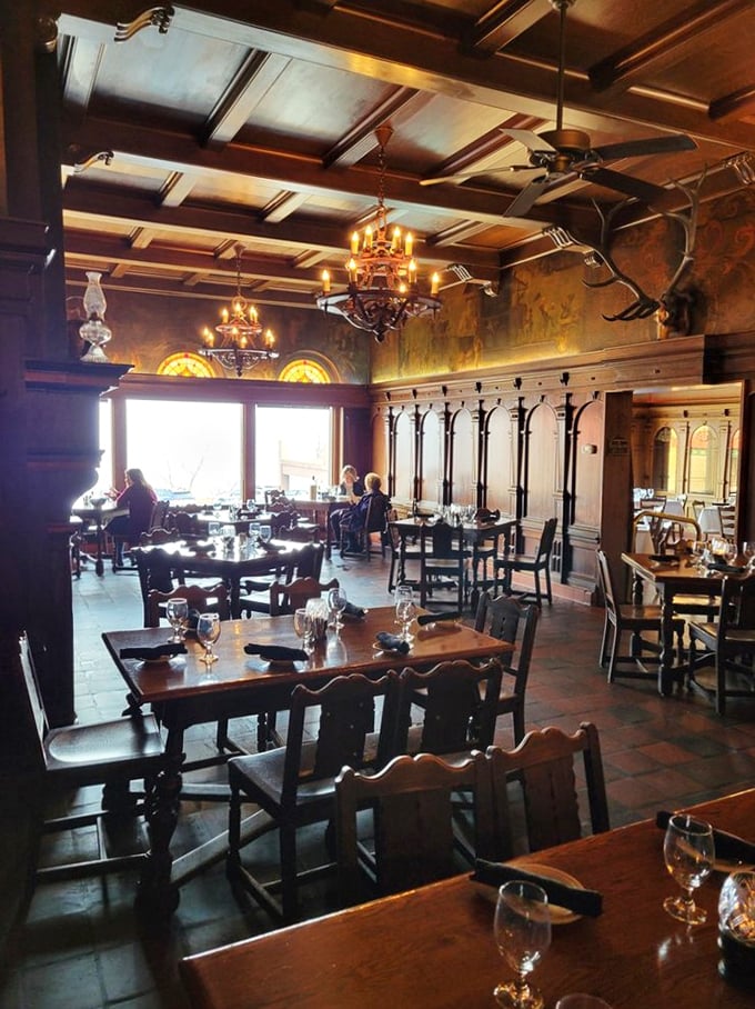 Step inside and time travel begins. Dark wood paneling, ornate chandeliers, and stained glass create an atmosphere where Hemingway wouldn't look out of place ordering a whiskey.