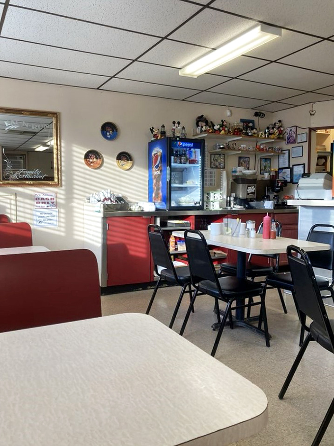 Inside, red counters and classic diner seating create the perfect backdrop for morning conversations and coffee refills that never seem to end.