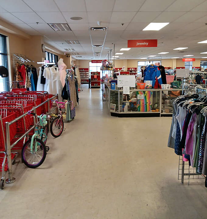 Step inside and the adventure begins. Wide aisles, clear signage, and that unmistakable thrift store promise: somewhere in here is exactly what you didn't know you needed. 