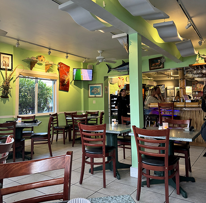 Lime-green walls and nautical decor create that perfect "I'm on vacation" vibe, even if you're just playing hooky from work on a Tuesday.