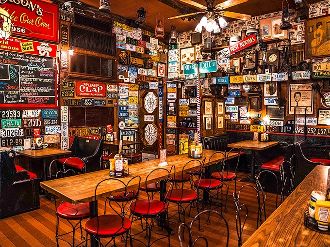 License plates aren't just for cars at Jaxson's&mdash;they're wallpaper in this time capsule of Americana where every inch tells a story.