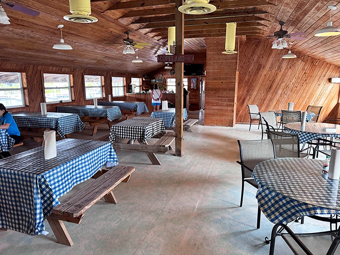 Blue checkered tablecloths and wooden picnic tables tell you everything you need to know&mdash;this place prioritizes seafood over scenery, and that's exactly as it should be.