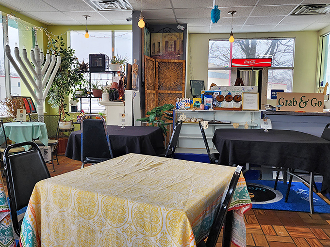 Inside, colorful tablecloths and a prominent menorah create the perfect setting for culinary time travel. Jewish tradition meets Hoosier hospitality in this cozy dining room.